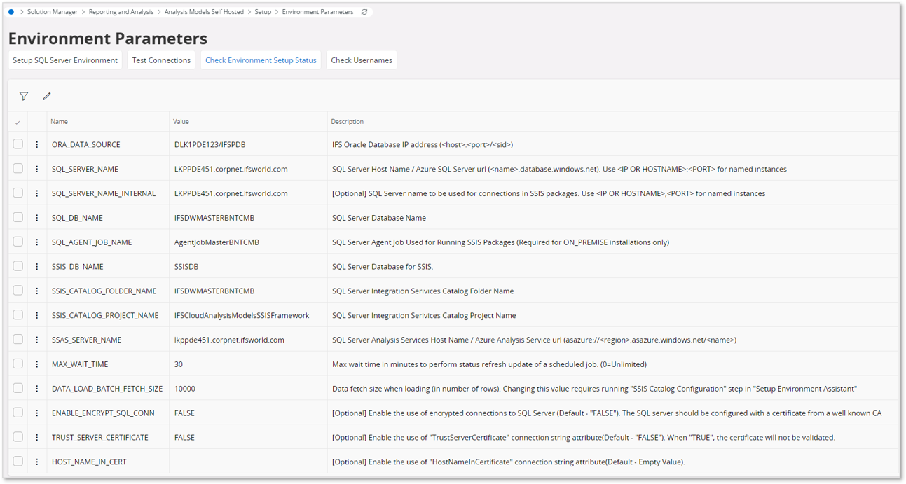 Analysis Models - Tabular : Environment Parameter - Technical Documentation For IFS Cloud