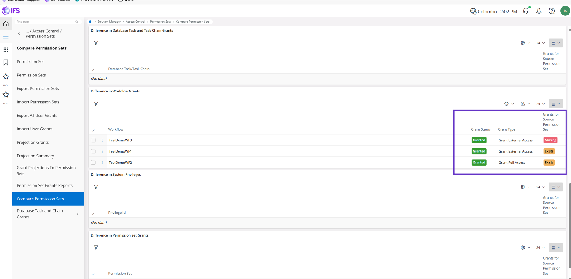 Compare Permission Sets and Handle Differences - Technical Documentation For IFS Cloud