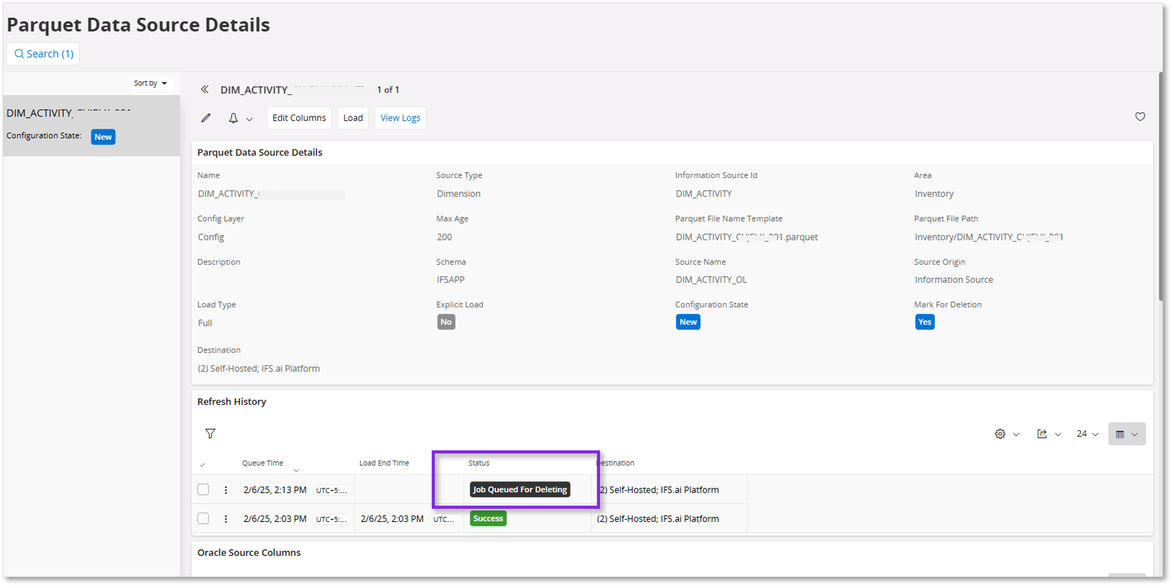 Delete Parquet Data Source - Technical Documentation For IFS Cloud