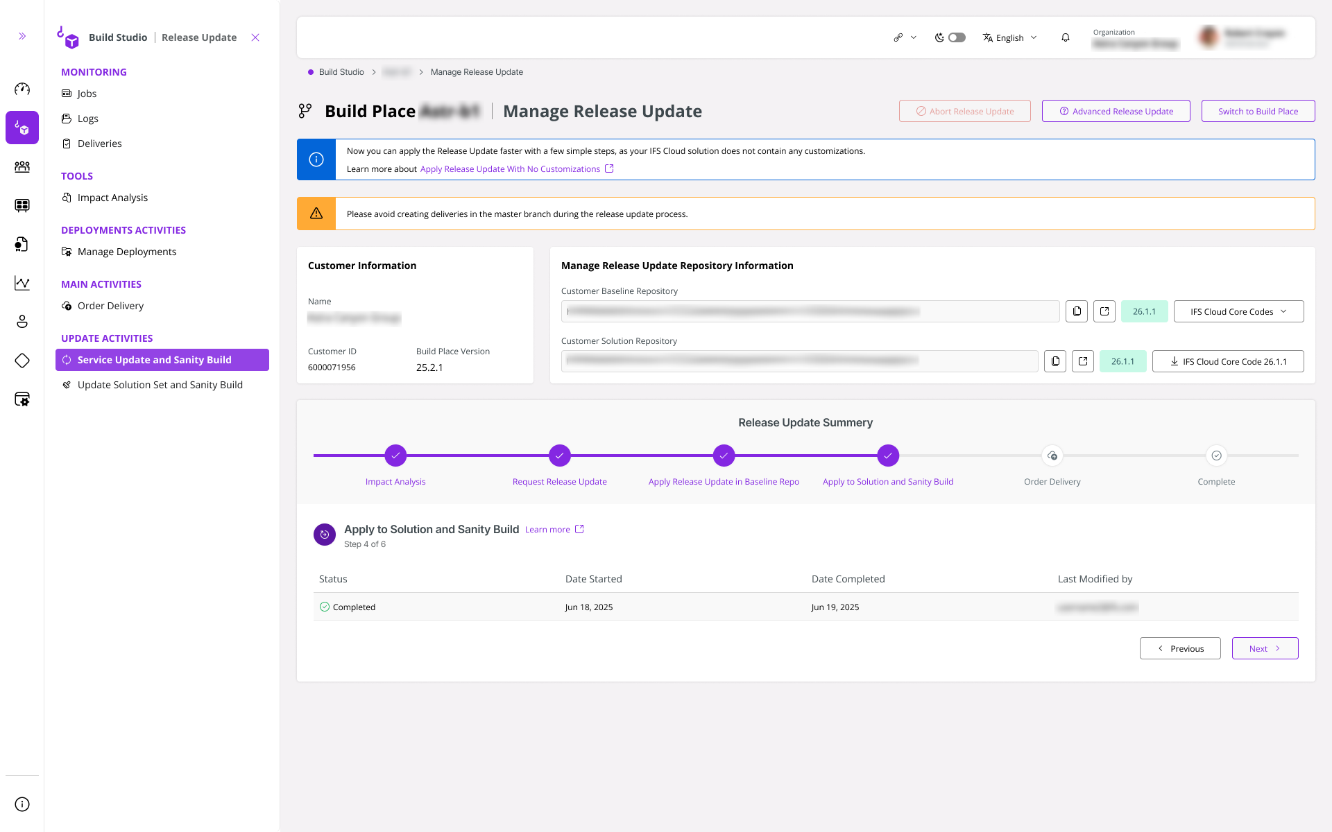 Apply a Service Update and Sanity in Release Studio - LE Documentation For IFS Cloud